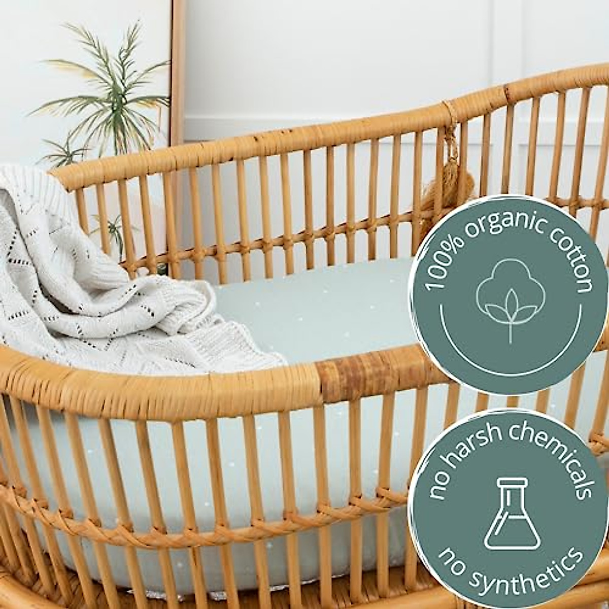 POPPI & MAX 100% Organic Cotton Bassinet Sheets for Boy Girl | 3-Pack Premium Jersey Bassinet Sheet Set | Fitted Baby Sheets for Standard Bassinet Pads | Bassinet Cover | Misty Sage Star Spot Stripe