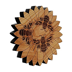 Honey Bees on a Flower Trivet- Hand Crafted in The USA From Solid Cherry Hardwood (6 Inch)