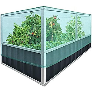 KING BIRD 68"x36"x34.6" Raised Garden Bed with Garden Anti Bird Protection Netting Structure Galvanized Steel Metal Planter Kit Box with 8pcs T-Type Tags & 2 Pairs of Gloves Dark Grey
