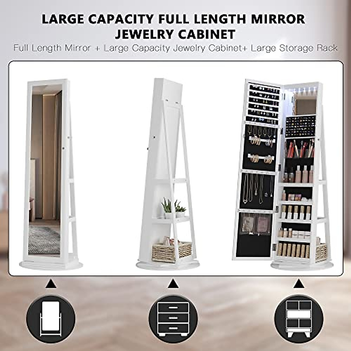 OUTDOOR DOIT 360° Rotating 67'' Jewelry Armoire with 6 LEDS, Full Length Mirror Large Capacity Jewelry Organizer Armoire, Lockable Floor Standing Mirror with Back Storage Shelves