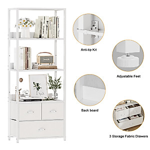 Furnulem White Bookshelf 4 Tier Wood Bookcase with 3 Fabric Drawers, 59" Tall Display Standing Shelf Unit for Living Room,Bedroom,Office,Kitchen,Balcony(White)