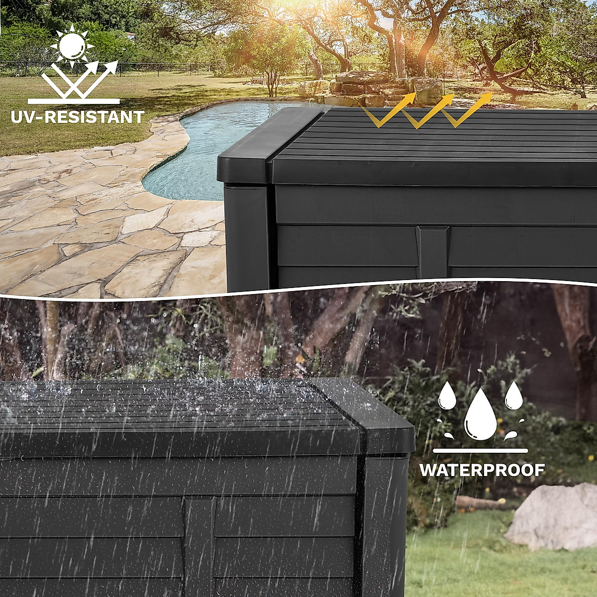 DWVO 120 Gallon Louvered Outdoor Storage Box, Lockable Resin Deck Box for Pillows, Tools, and Pool Supplies - Black