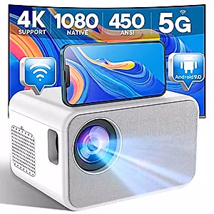 KYASTER Native 1080P Projector,450 ANSI Lumen 4K Supported Mini Projector,4P/4D Keystone Correction,Android 9.0 OS with Build in App Store,5G WiFi Wireless Screencast for iPhone