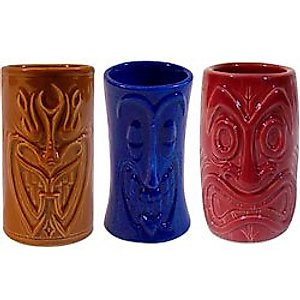 KC Hawaii Tiki Shot Glasses 2 Oz. Comes with Brown, Blue, and Red