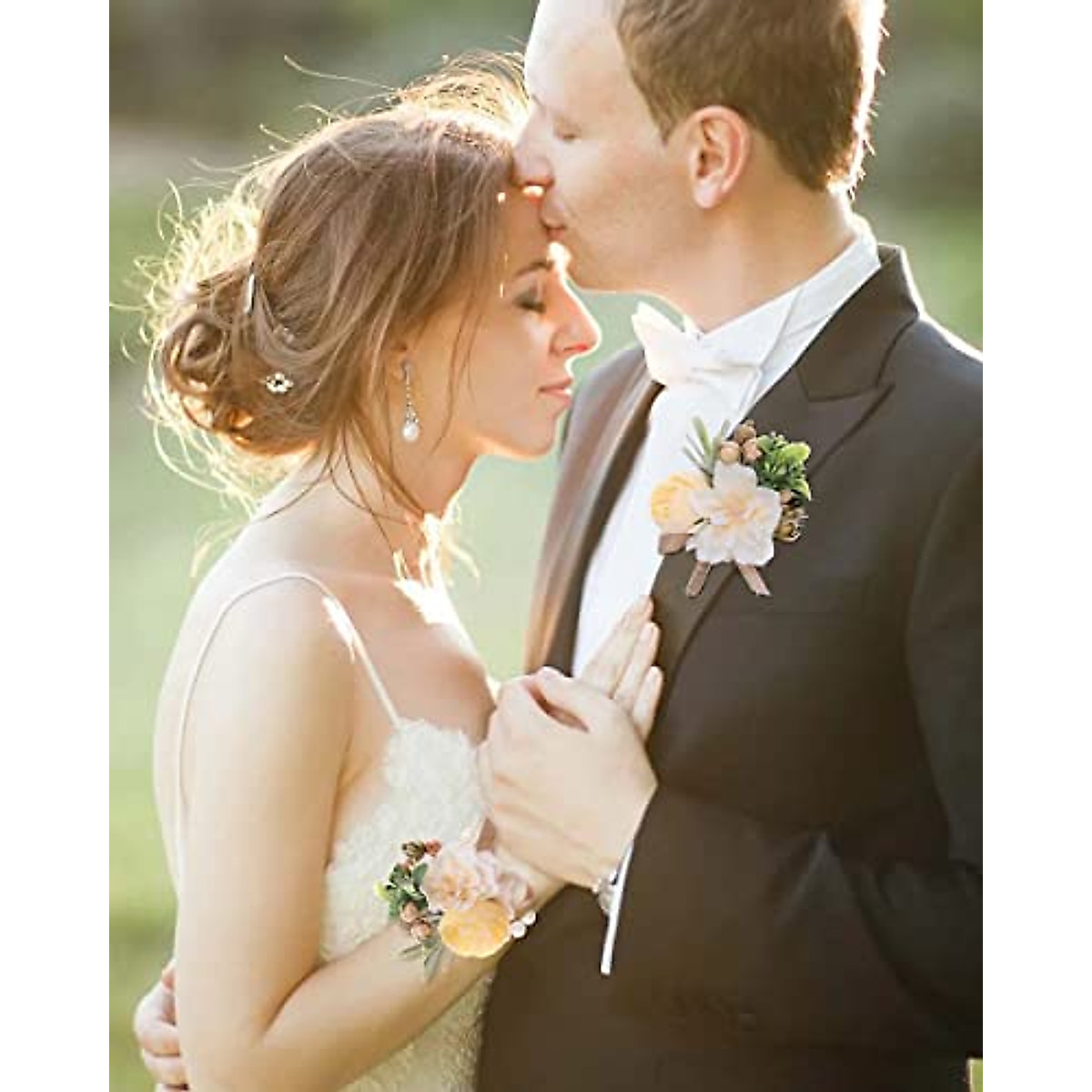 Campsis Wedding Corsage Boutonniere Champagne Rose Pearl Flower Wrist Corsage Groom Boutonniere Flower Decor Girls Bride Bridesmaid Lady for Prom and Dinner Party(2pcs)