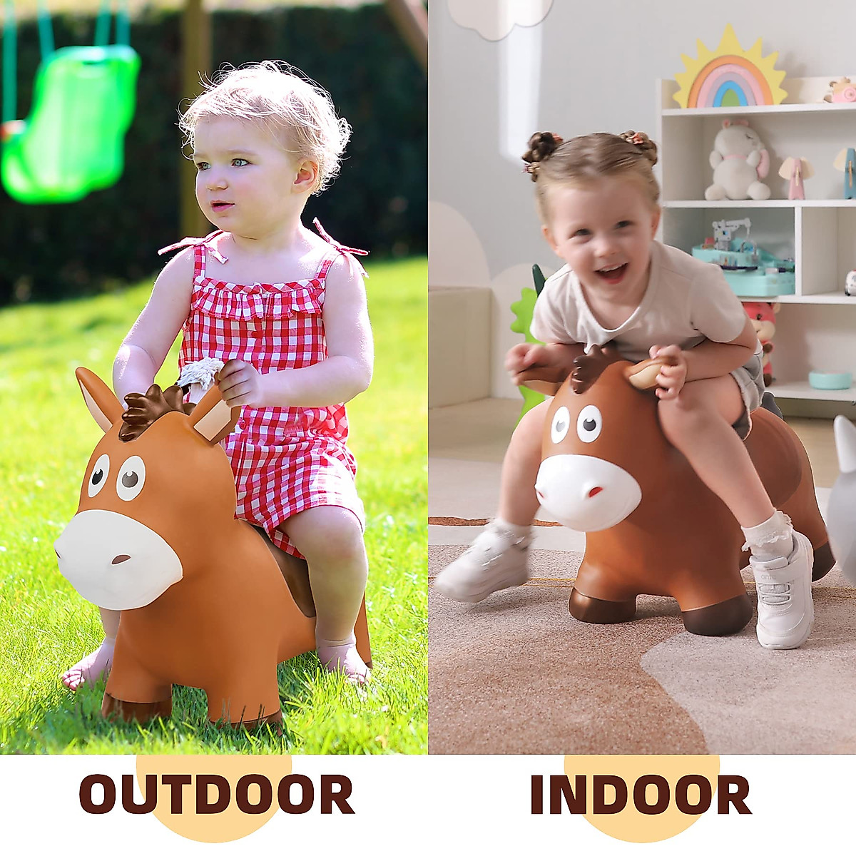 ZOOJOY Bouncy Horse Hopping Toys, Inflatable Animal Horse Toys for Toddlers 1-3, Outdoor Indoor Bounce and Ride On Bouncer for Boys Girls, Birthday Gifts for 18 Months 2 3 4 5 6 Year Old with Pump