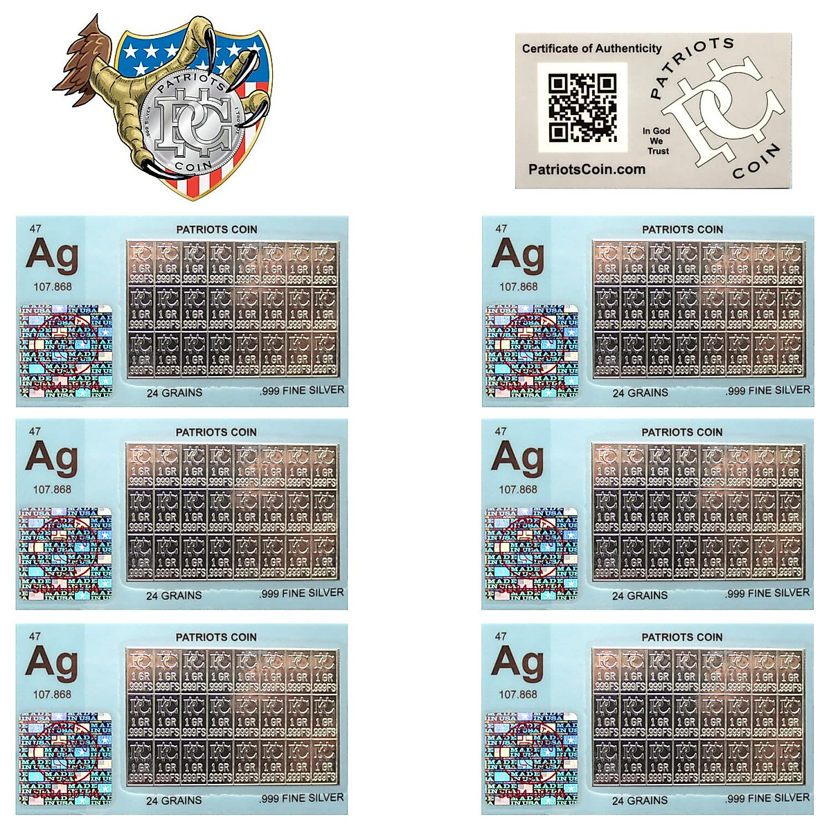 Pure Silver Bullion Bar Divides to 24 One Grain Bars .999 Fine Silver Snaps Apart to Individual 1 Grain Ingots (6)
