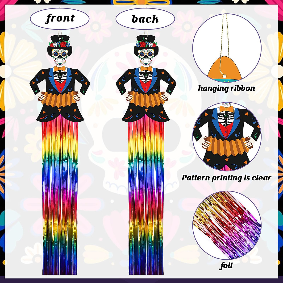 MotiMind 29 Pcs Day of The Dead Decorations Sugar Skull Hanging Swirl Decorations Sugar Skull Banner Sugar Skull Hanging Decor with LED String Lights for Dia De Los Muertos Fiesta Party Supplies