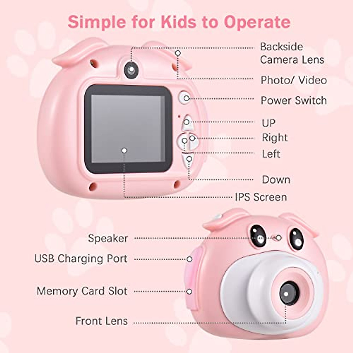 Wennzy Mini Cartoon Kids Digital Camera 1080P Digital Video Camera for Kids Dual Lens 2.0 Inch IPS Screen 4X Zoom Built-in Battery Perfect Birthday for Boys Girls