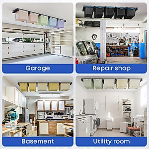 WooFog Ceiling Utility Bin Rails Storage Rack，Overhead Garage Storage Racks, Heavy Duty Hanging Storage Racks for Garage, Adjustable Width Above Garage Tote Storage System - Black (6 Sets for 5 Bins)
