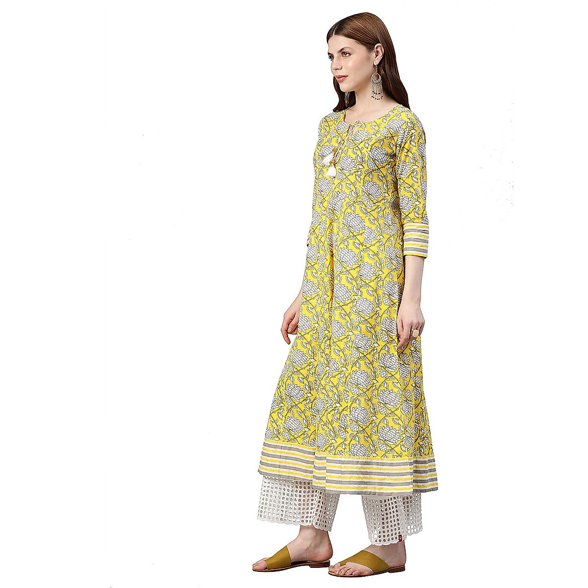 Yash Gallery Indian Cotton Floral Printed Anarkali Kurtis for Women (Lemon Yellow)