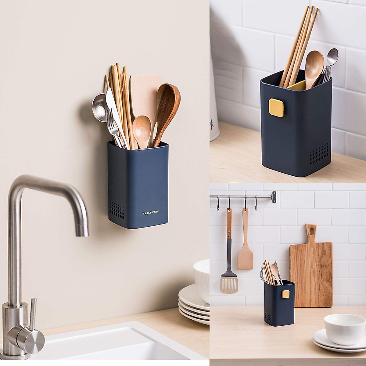 Kitchen Utensil Holder for Countertop,Multifunctional Draining Chopstick Cage,Double Ventilation Holes,Wall Mounted or Standing Cutlery Storage Organizer Caddy,Tableware Spoon Forks Storage Box,Navy