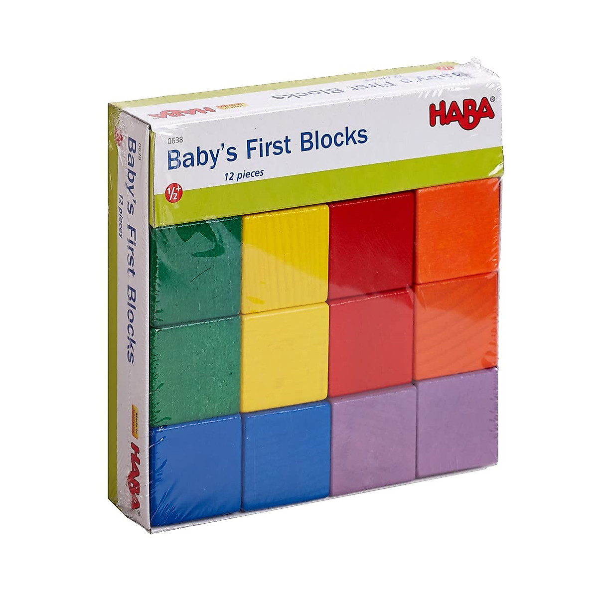HABA Baby's First Basic Block Set - 12 Colorful Wooden Cubes (Made in Germany)