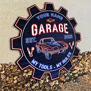 V VIBEPY-All Over Printed Personalized Garage Sign, My Tool My Rules US Flag, Car Garage Wooden Sign, 12x12", 18x18", Dad Garage Signs, Garage Signs Vintage, Garage Storage Sign, Father Garage Sign, Garage Sign For Men, Man Cave,Game Room Decor Father Day