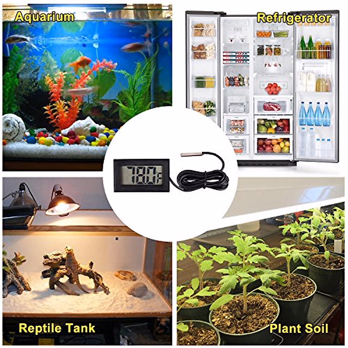 Qooltek Digital LCD Thermometer Temperature Gauge Aquarium Thermometer with Probe for Vehicle Reptile Terrarium Fish Tank Refrigerator(Fahrenheit)