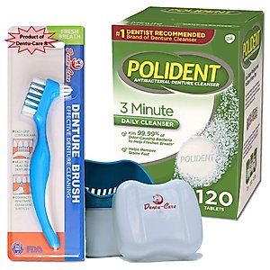 Polident 3 Minute Denture Cleaner 120 Triplemint Tablets bundle with Dentu-Care Denture Case and Denture Brush for Maintaining Good Clean for Full/Partial Dentures Mouthguards