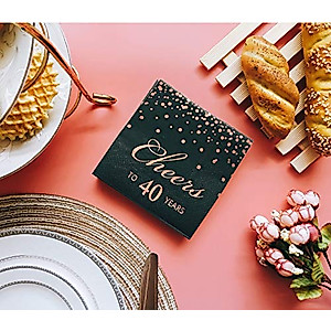 Rose Gold Foil Cocktail Napkins with Cheer 40 Years | Folded 5 x 5 Inches Disposable Party Napkins | 3-Ply Paper Beverage Napkins for 40th Birthday Decorations, Wedding Anniversary, Retirement, Black