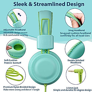 POWMEE M2 Kids Headphones Wired Headphone for Kids,Foldable Adjustable Stereo Tangle-Free,3.5MM Jack Wire Cord On-Ear Headphone for Children/Teens/Girls/Boys/School/Kindle/Airplane/Plane/ (Mint Green)