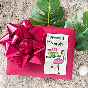 Pink Flamingo Christmas Gift Tags, Peel and Stick Christmas Gift Tags, 75 Count Beach Christmas Gift Wrap Tags