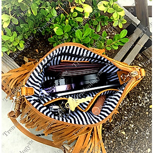 Front and Back Both Side Fringed Soft PU Leather Medium Long Cross Body Messenger Shoulder Bag (Taupe)