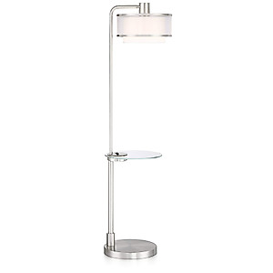 Possini Euro Design Vogue Modern Floor Lamp with Table Tempered Glass 60" Tall Brushed Nickel White Linen Silver Organza Double Drum Shade USB Charging Port for Living Room Reading House Bedroom