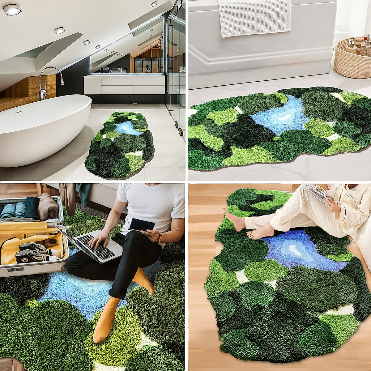 THRILRUG 20x35 Inch 3D Moss Rug,Shag Carpet Leaf Area Bathroom Rugs Non Slip Bath Mat Tufted Rug,Ultra Soft Washable Children Play Plant Leaves Shaped Kids Pets Floor Mat for Bedroom,Living Room Green