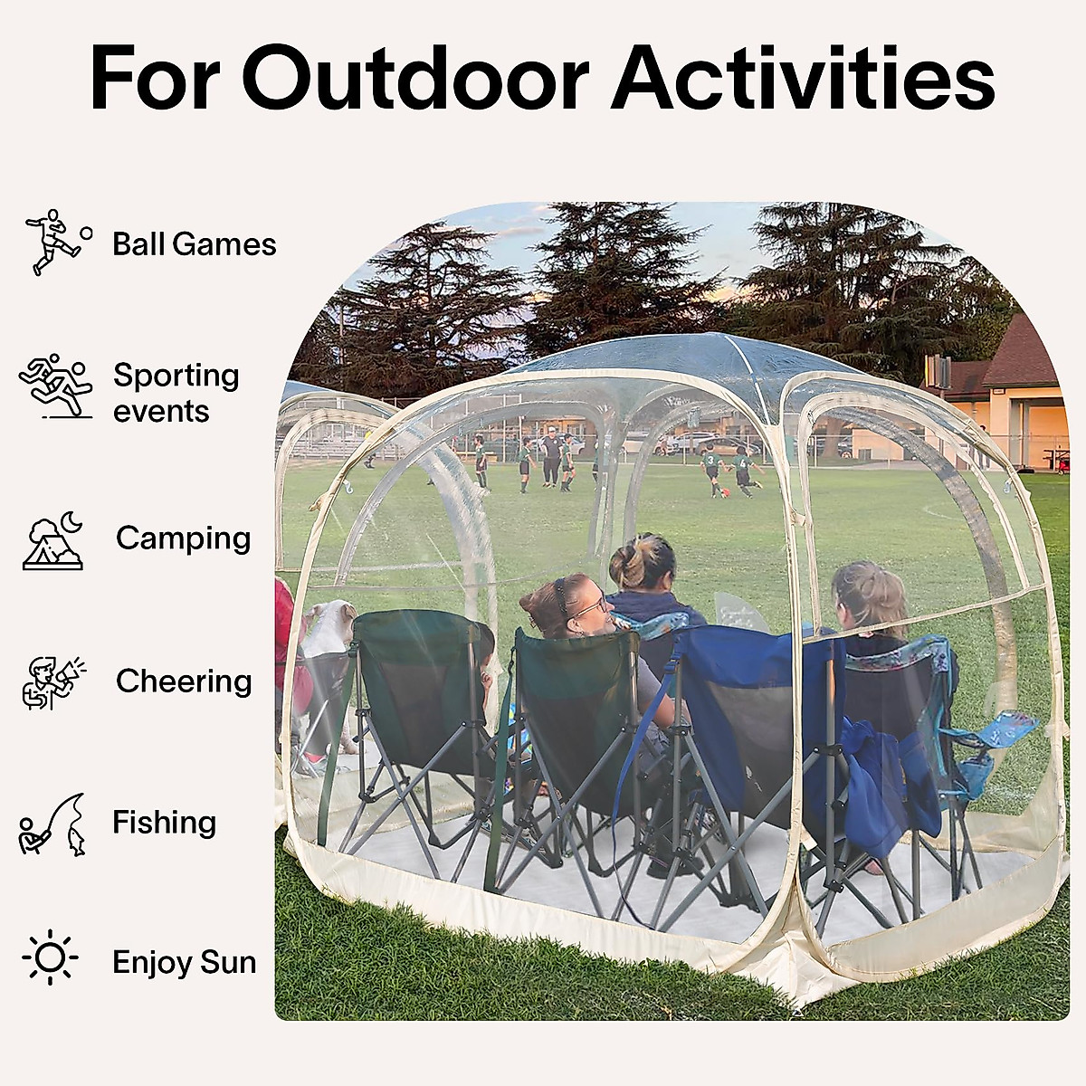 EighteenTek Pod All Weather Sports Tent with Sealed Floor Instant Tent Shelter Outdoor Bubble Rain Tent Camping Sun Shelter Pop Up Clear, Patent Pending for Sports Events Camping Fishing Cheering