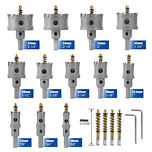 Hole Saw Kit for Metal - 16Pcs TCT 5/8"-2-1/4" Inch Carbide Hole Cutter Set, for High Precision Cutting of Stainless Steel, Iron, Copper, Brass