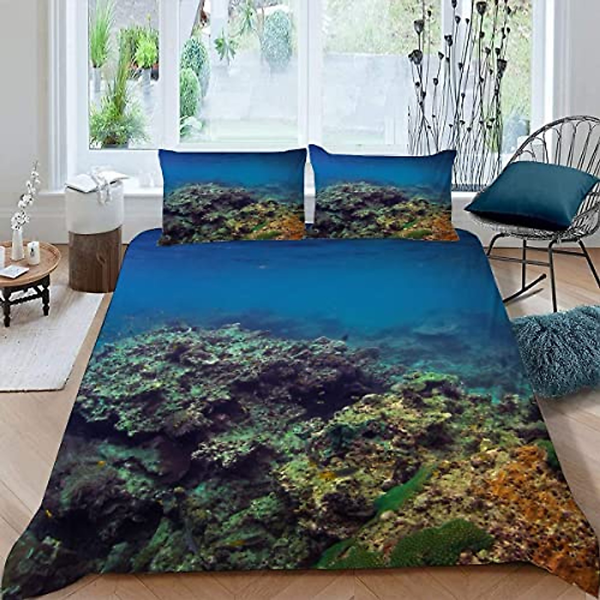 Quilt Cover Queen Size Coral Reef 3D Bedding Sets Underwater World Duvet Cover Breathable Hypoallergenic Stain Wrinkle Resistant Microfiber with Zipper Closure,beding Set with 2 Pillowcase