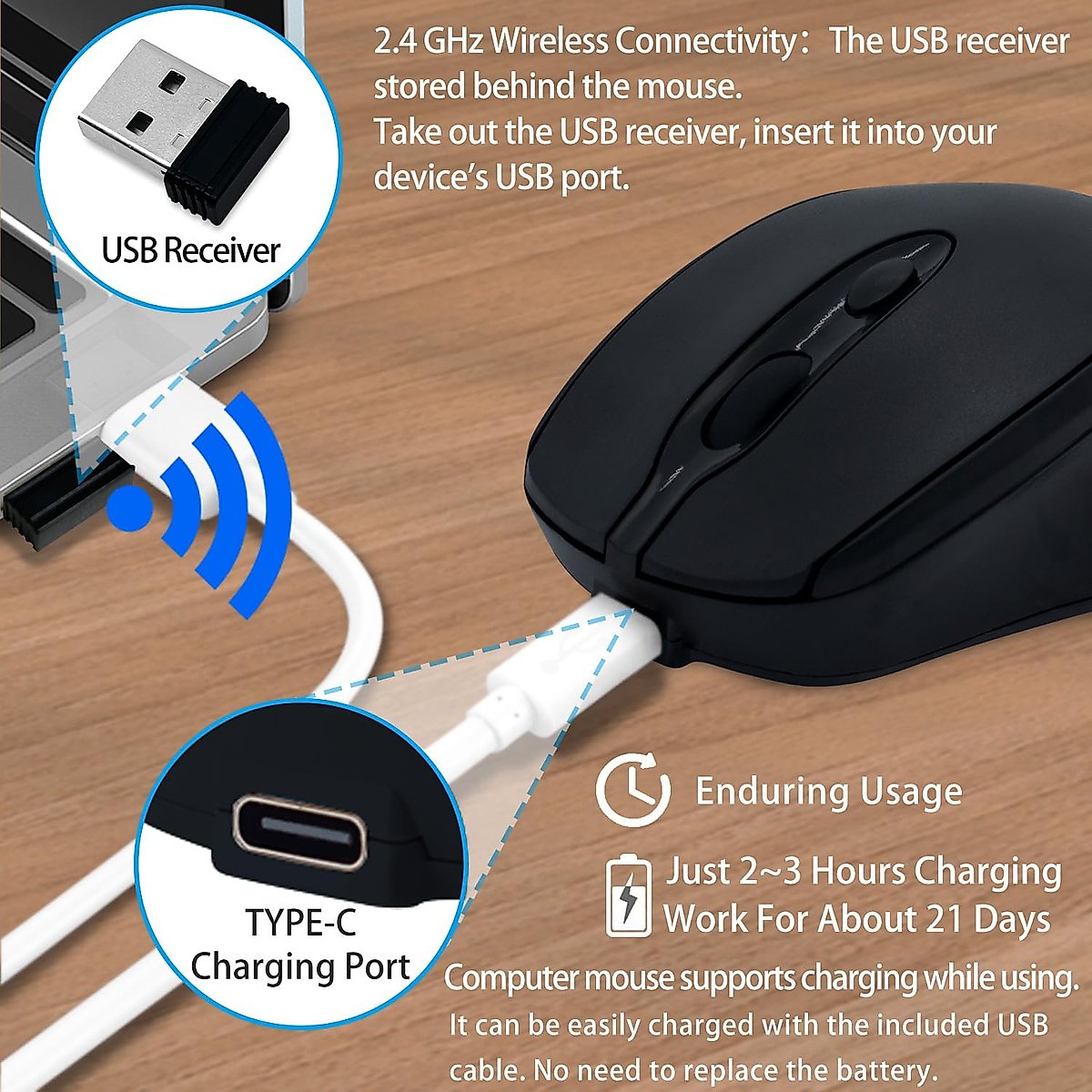Wonzir Rechargeable Wireless Mouse,Bluetooth 5.2 & 2.4G Portable Optical Mouse with USB Receiver,3 Adjustable DPI for Laptop,MacBook,PC,Windows, iPad,Android OS System (Black)