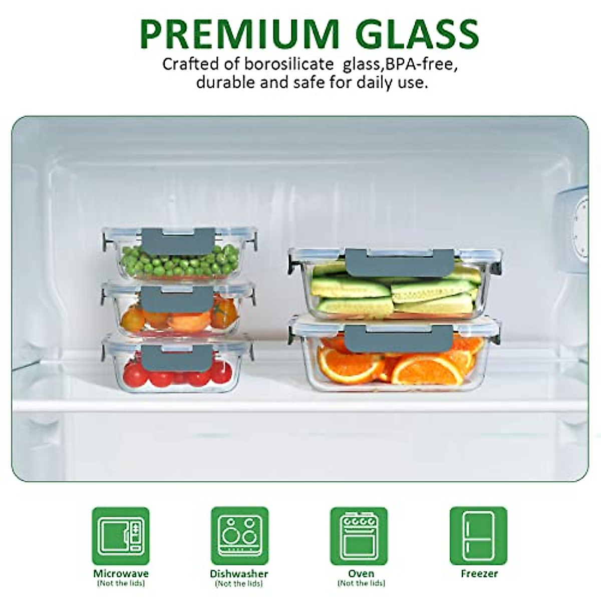 KOMUEE 12 Packs Glass Meal Prep Containers Set, Glass Food Storage Containers with Locking Lids, Airtight Glass Lunch Containers, BPA Free, Microwave, Oven, Freezer & Dishwasher Friendly，Gray