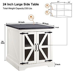 ACCOHOHO 24" Farmhouse End Table - Wood Large Sofa Side Table with Charging Station, Mesh Barn Door, and Adjustable Storage Shelf, Rustic Square Nightstand for Living Room, Bedroom, Antique White