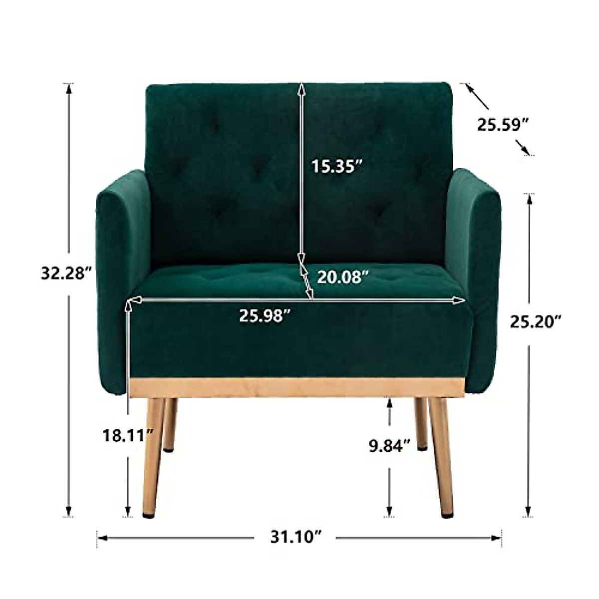 Olela Velvet Accent Chair with Arms for Living Room, Modern Tufted Single Sofa Armchair with Gold Metal Legs Upholstered Reading Club Chair for Bedroom Office Decorative (Green - Velvet)