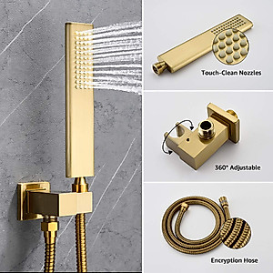 Iriber Ceiling Brushed Gold Rain Shower System with Waterfall Tub Spout 3 Function Shower Faucet Set Contain 12 Inch Shower Head and Handheld Brushed Brass Shower Trim Kit (Valve Included)
