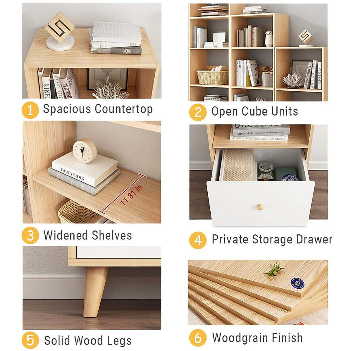 IOTXY Open Shelf Cube Bookcase - 71" Tall Mid-Century Large Bookshelf with Drawer and Deepen Display Storage Cabinet for Home Office, Oak