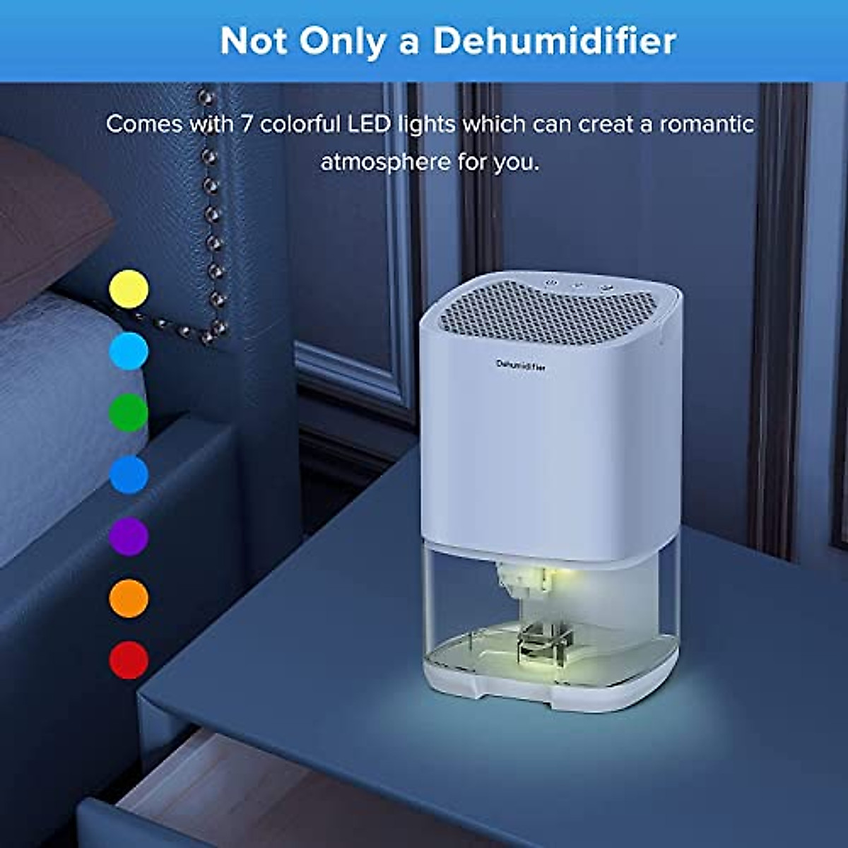 LAOVER Dehumidifiers, 1000ml Dehumidifier for Home, Portable Small Bedroom Bathroom Basement Closet Garage RV Office, Auto Shut Off 7 Colorful LED & Two Working Modes Ultra Quiet, White
