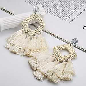 Sanfenly Drop Dangle Earrings for Women Statement Earrings, Bohemian Rattan Tassel Large Hoop Pearls Rhinestone Crystal Gold Geometric Dangling Earring Set