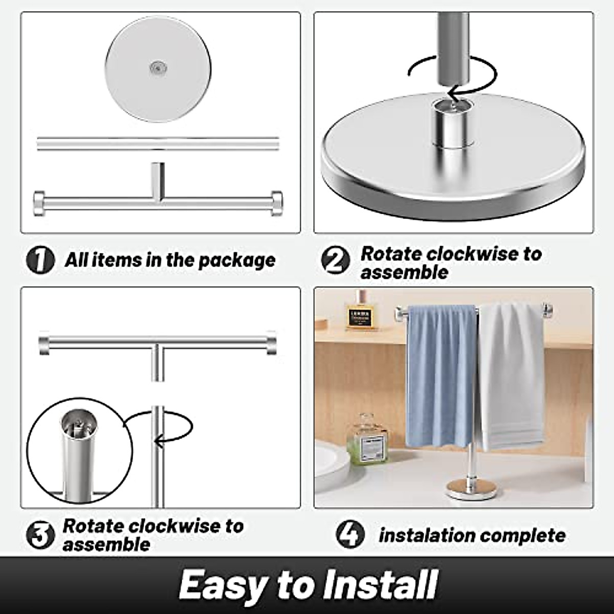 VEHHE Hand Towel Holder Stand - Stainless Steel Hand Towel Stand with Suction Cups, Countertop Free Standing Hand Towel Holder for Bathroom, Kitchen or Vanity