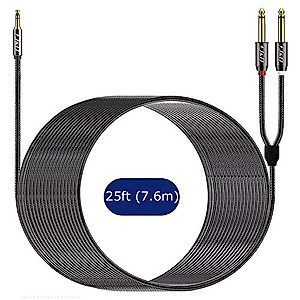 J&D 3.5mm 1/8 inch TRS Male to Dual 6.35mm 1/4 inch TS Male Mono Stereo Y-Cable Splitter for Amplifiers/Mixer Audio Recorder, Zinc Alloy Housing, Nylon Braid, Gold Plated Copper Shell, 25 Feet