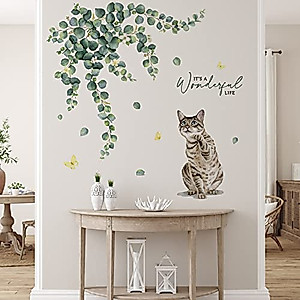 Yovkky Cat Wall Decals Stickers, Eucalyptus Leaves Kitty Kitten Greenery Neutral Nursery Decor, It's a Wonderful Life Quote Spring Kids Room Home Decorations Bedroom Art