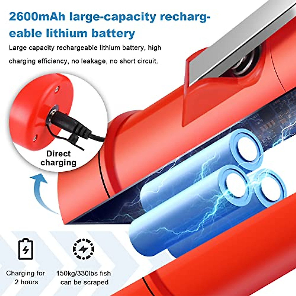 Electric Fish Scaler Remover 2600mAh Cordless Fish Scale Scraper Cleaner with Extra Cutter Head (Red)