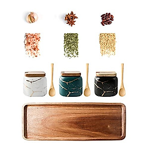 Dicunoy Ceramic Salt and Sugar Container, Condiment Jars with Lids and Spoons, Marble Seasoning Spice Pots Bowl, Pepper Sellar with Wooden Tray for Serving, Counter, Home, Kitchen