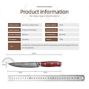 Damascus Knife 5 Inch, Damascus Kitchen Utility Knife 5 Inch, Damascus Chef Knife 5 Inch,Japanese VG10 edge, Red G10 Handle with Triple Rivets for Vegetables and Fruits in Gift Box
