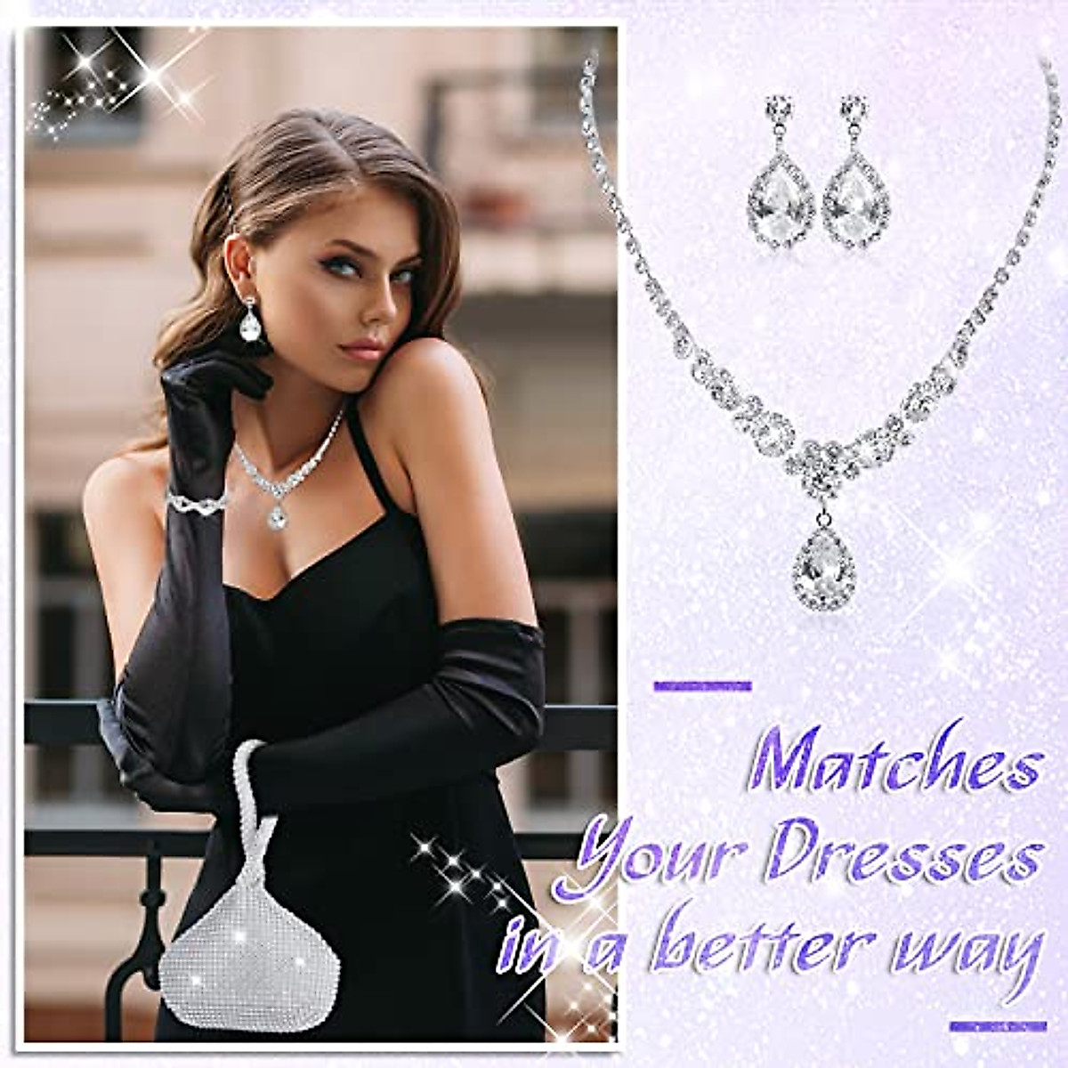 Meanplan 4 Pcs Silver Purse Jewelry Set for Women Rhinestone Wedding Bride Jewelry Prom Evening Party Accessories Silver Clutch Purse (Modern Style)