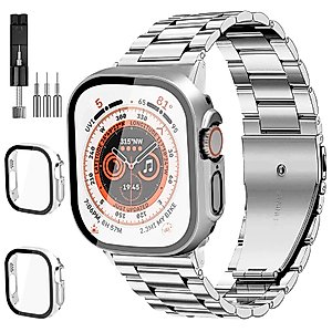 Bekomo 3-Pack Stainless Steel Apple Watch Band with 2 Pack Tempered Glass Screen Protectors, 49mm, 44mm, 45mm, 42mm, 40mm, 38mm, 41mm