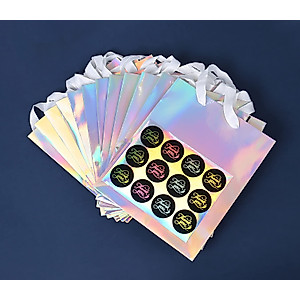 Lidelazon Iridescent Party Bags with Handles (12 Pack) Holographic Silver Foil Gift Bags, Treat Bags, Favor Bags, Party Favors, Favor Gifts for Guests, Thank You Bags, Welcome Bag