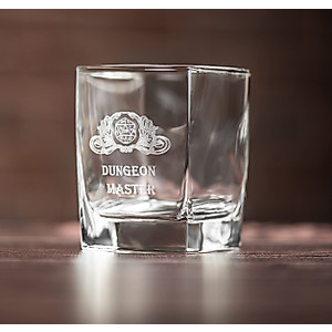 Dungeons Master gift, Whisky Glass with Gift wooden Box, full-grain leather coaster, dungeons and dragons gifts for men and women unique. Dungeons and dragons whiskey glasses