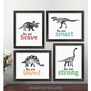 Confetti Fox Dinosaur Wall Art for Little Boys Room, Baby Nursery Posters, Motivational Kids Playroom Dino Decor, Toddler T-Rex Positive Affirmations Quotes (8x10 Unframed Set of 4 Prints)