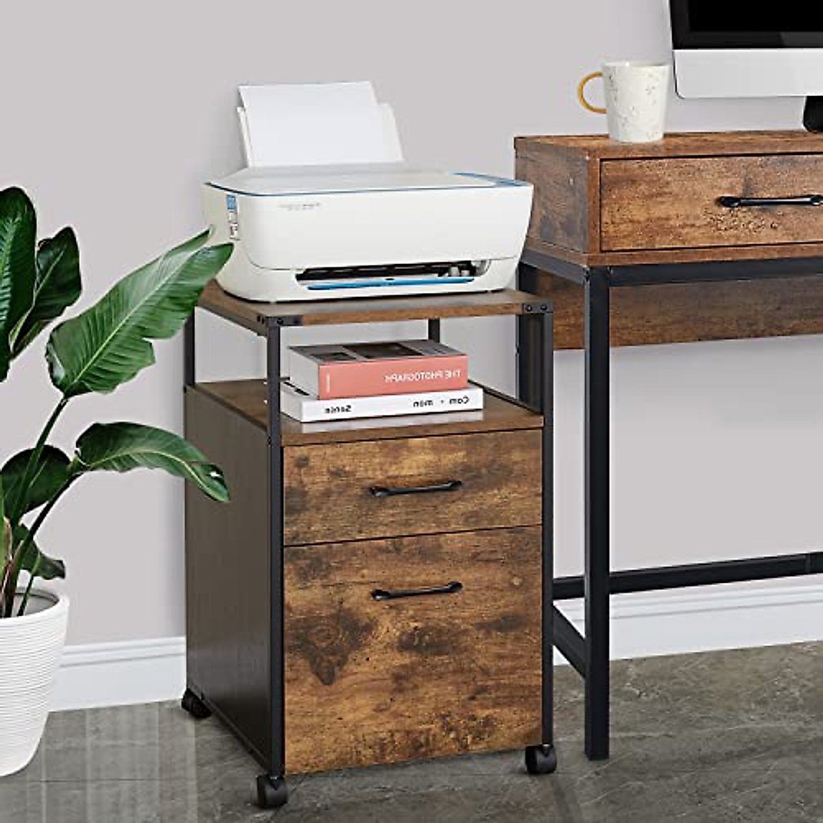 Fameill Rolling Filing Cabinet 2 Drawer File Cabinet Industrial Printer Stand for Home Office Small Under Desk Cabinet with Open Shelf,Storage Cabinet for A4, Letter Size, Rustic Brown