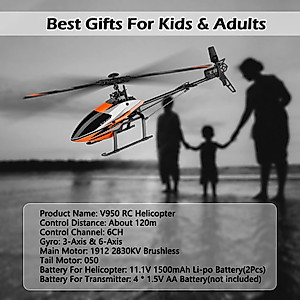 WLtoys V950 Remote Control Helicopter, 6 Channel Brushless RC Helicopters with 3D/6G Mode, 2.4GHz RC Aircraft RTY for Kids, Adults, Beginners, Flybarless